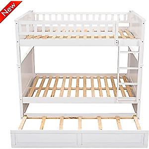 SNIFIT Stronger & Upgraded Version Solid Wood Full Over Full Bunk Bed with Trundle, Thickened More Stable Safer Full Size Bunk Bed Frame with Trundle and Reinforced Ladder, Easier to Assemble (White)
