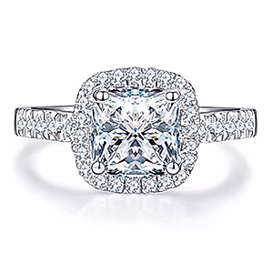 18K White Gold Plated 2CT Zircon Diamond Ring for Women Sterling Silver Jewelry Halo Cushion Ring