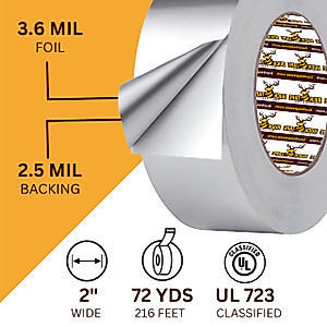 Buck Professional Grade Aluminum Foil Tape - 2 Inch x 216ft (72 yd) 3.6 Mil - Ideal for HVAC, Metal Repair & Insulation - Heat Resistant & Waterproof - Perfect for Sealing Ductwork & Vents