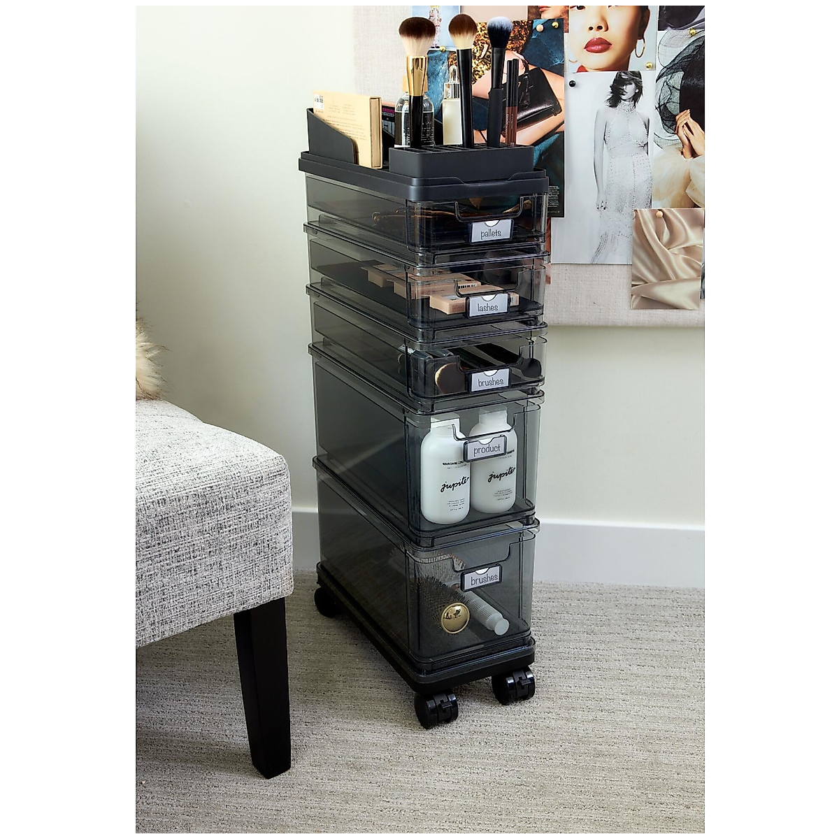 iDesign The Sarah Tanno Collection Small 5-Drawer Stacking Cosmetic Organizer Cart, Smoke/Black