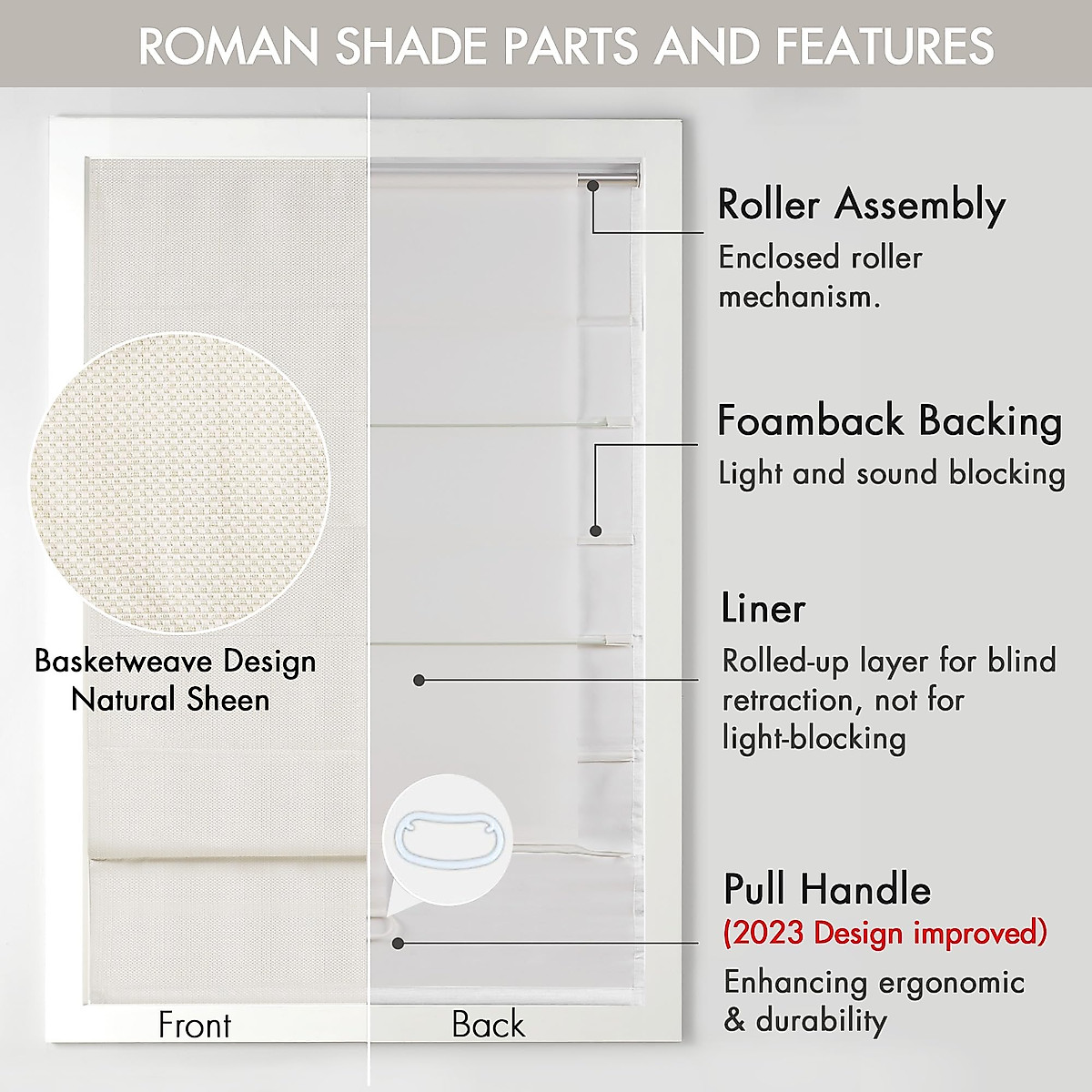 Madison Park Galen Cordless Roman Shades - Fabric Privacy Single Panel Darkening, Energy Efficient, Thermal Insulated Window Blind Treatment, for Bedroom, Living Room Decor, 35" x 64", Ivory