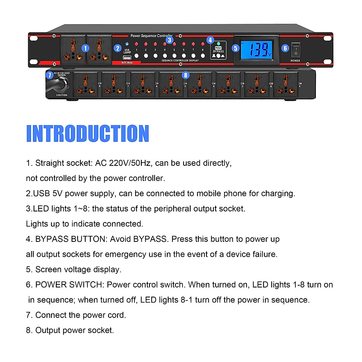Micfuns Pro Audio 10 Outlet Power Conditioner,8 Independent Switch Conditioner, Power Strip Surge Protector 110-230v 2000W Single Channel Max Output 16 Amps Black