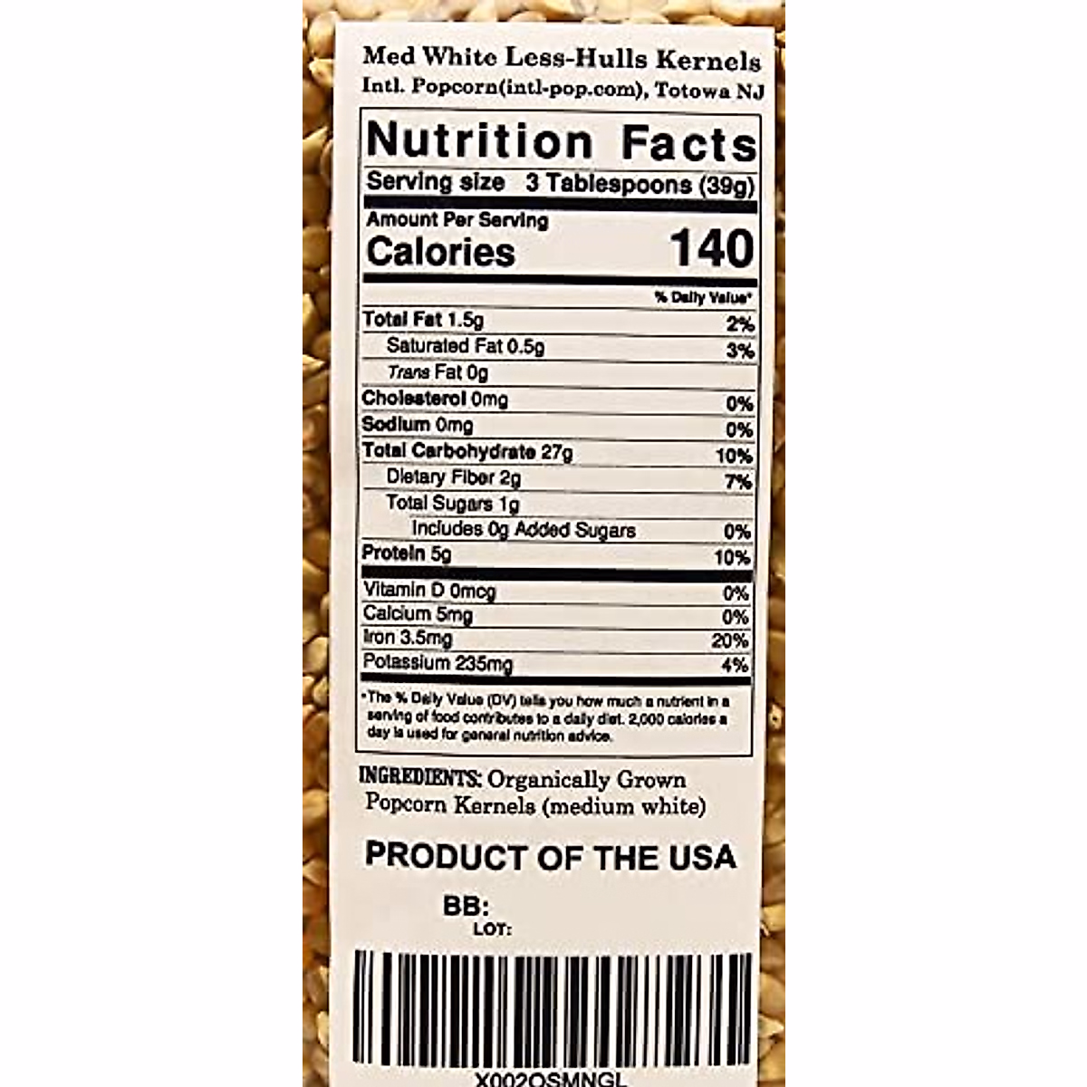 1.9 LB White Virtually Hulless (Less Hulls) Popcorn Kernels • Resealable Bag • USA Grown • NON-GMO, Vegan, KOSHER • Great for Movie Night • INTL POP