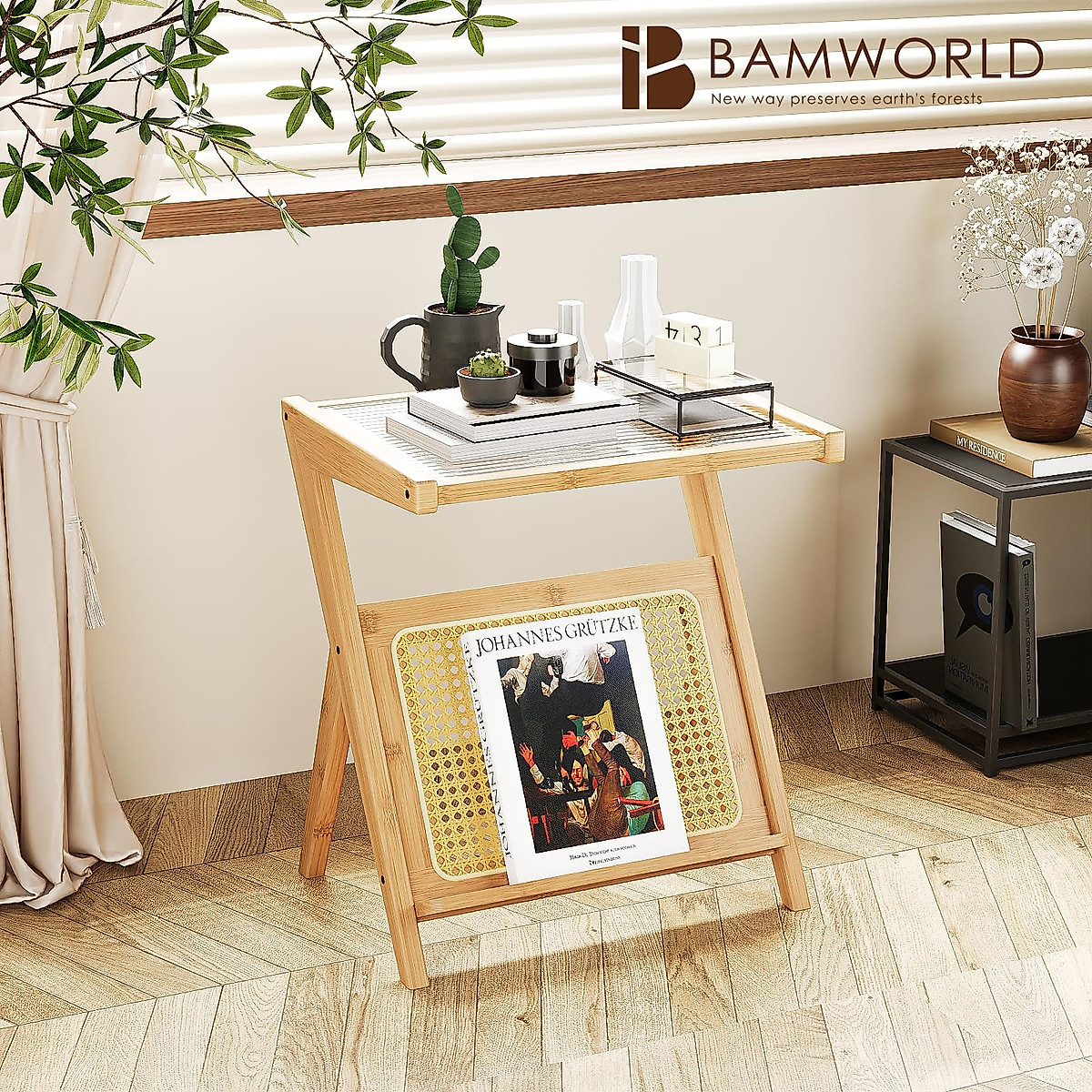 Bamworld Rattan Side Table Boho Night Stand Glass Bedside Small End Tables Bamboo Bedroom Coffee Table with Storage for Living Room and Outdoor Nature