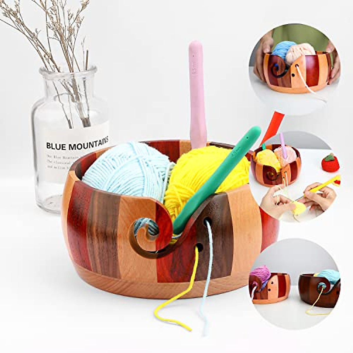 Large Yarn Bowl for Knitting, Wooden Yarn Storage Bowl, Handmade Rosewood with Holes, Knitting Wool Stroage Bowl