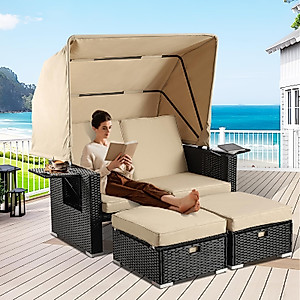 TITIMO Patio Daybed with Retractable Canopy Outdoor Sectional Furniture Sets All Weather Wicker Patio Rattan Sunbed Seating Sofas with Cushion for Backyard, Balcony, Poolside (Khaki)