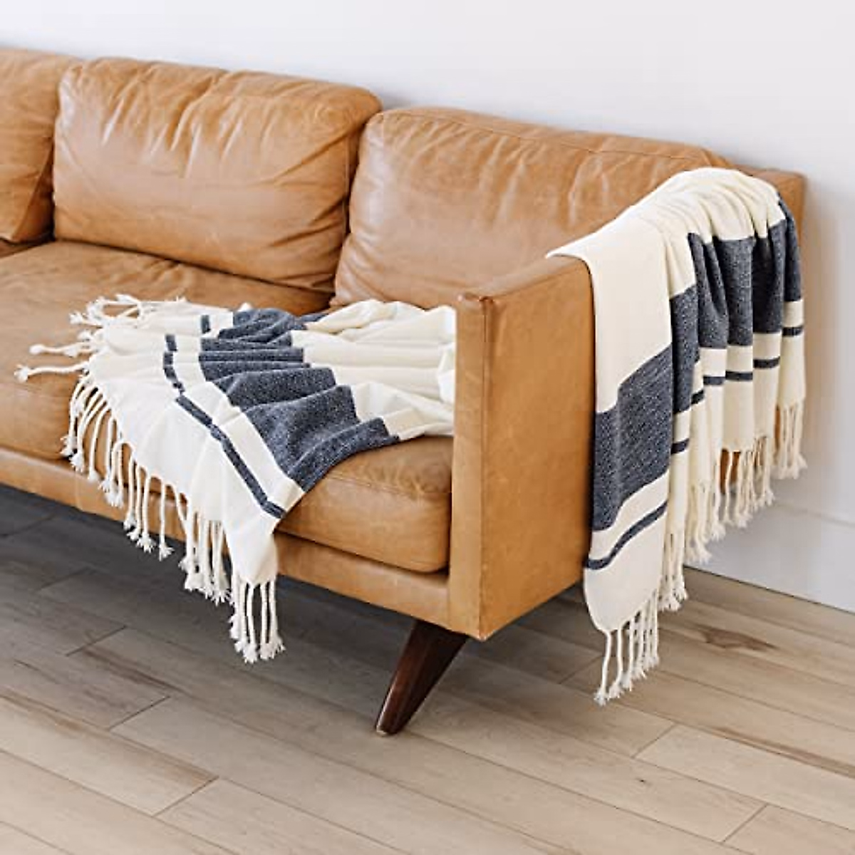 GRACED SOFT LUXURIES Chenille Fringe Throw Blanket for Couch | 50" x 60" Soft, Textured, Fluffy, Warm, Cozy Striped Boho Blanket | Decorative Yet Buttery Soft (Navy Stripe)