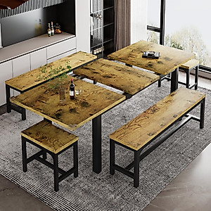 iPormis 5-Piece Dining Table Set for 4-8 People, Extendable Kitchen Table Set with 2 Benches and 2 Square Stools, Mid-Century Dining Room Table with Metal Frame & MDF Board, Saving Space, Rustic Brown