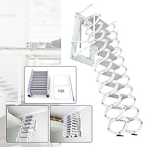 Telescopic Ladder Attic Ladder Pull Down Attic Ladder Alloy Attic Stairs 12 Steps Loft Ladder 9.2FT Wall-Mounted Collapsible Ladder with Armrests (White)