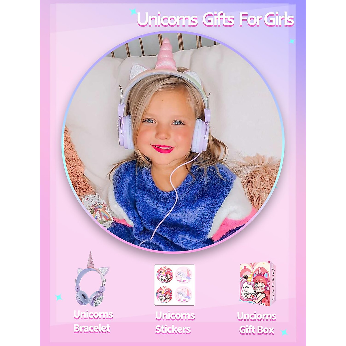 charlxee Kids Unicorns Headphones with Mic for School/Travel,95dB Volume Limited,Shareport,On/Over Ear Wired Headsets with Nylon Cable-Light Purple