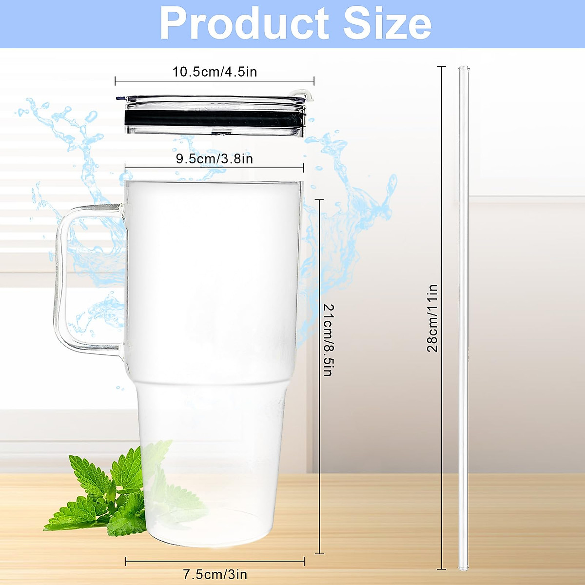 ONEHAUS Glass Tumbler with Lid and Straws, 40oz Glass Cup with Handle, Glass Water Cup,Beer Cup, Ice Coffee Cup, Fits In Cup Holder