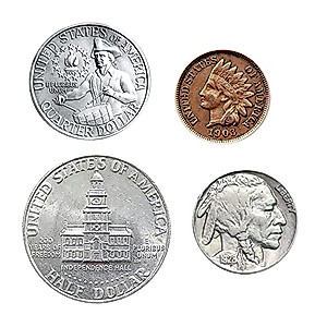 USA Four Most Famous Coins, Genuine Coin Set, Buffalo Nickel, Indian Head Cent, Bicentennial Half Dollar and Quarter, Certificate of Authenticity – American Coin Treasures