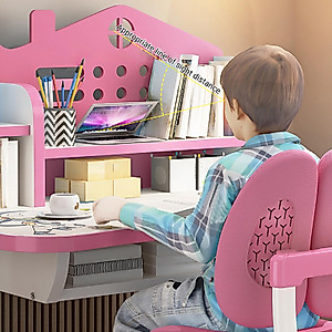 Kids Desk Chair Girls Pink Desk and Chair Set, Adjustable Height Children Study Table with Drawer, Separated Storage, Pedal, Widened Desktop Student Writing Desk for Bedroom Reading (Pink1)