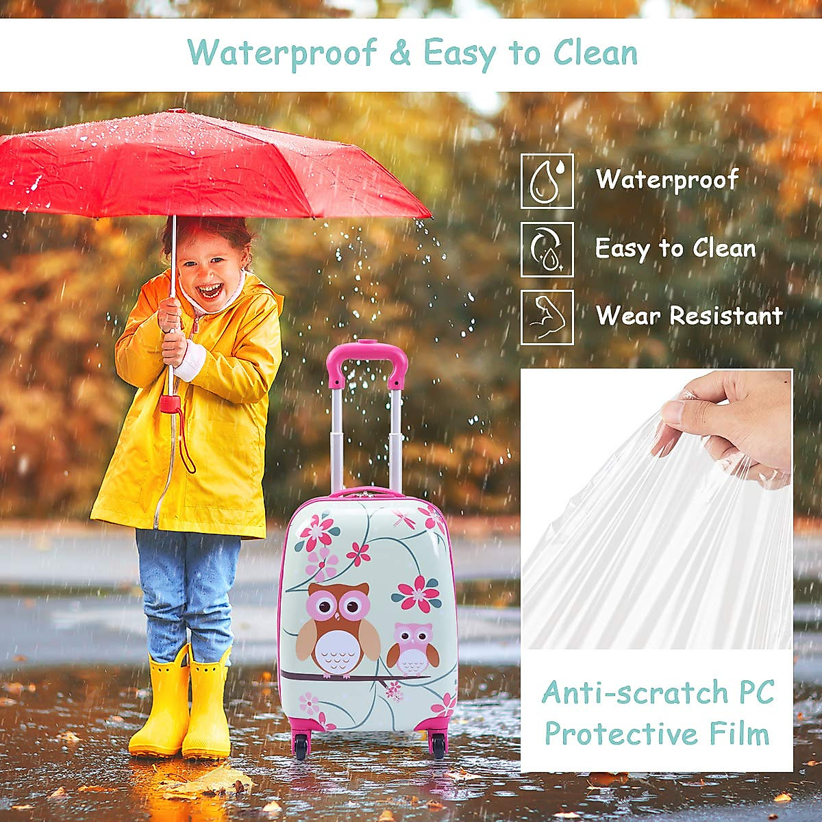 HONEY JOY Kids Luggage, 12” Travel Backpack & 16” Hard Shell Toddler Suitcase, Children Rolling Luggage with Wheels, Retractable Handle & 4 Casters, 2Pcs Carry On Luggage Set for Boys Girls (Owl)