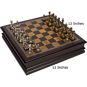 Grace Chess Inlaid Wood Board Game Set with Metal Pieces, Medium 12 x 12 Inch