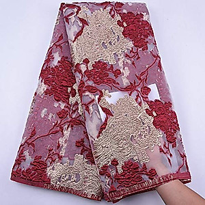 3 Yards African Lace Fabric French Beaded Sequins Lace,Net Tulle Fabric,Embroidered Fabric for Dress Guipure lace L03 (red)