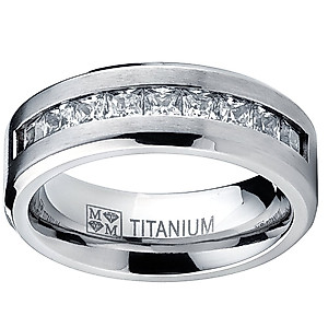 Metal Masters Titanium Men's Wedding Band Engagement Ring with 9 large Princess Cut Cubic Zirconia Size 8