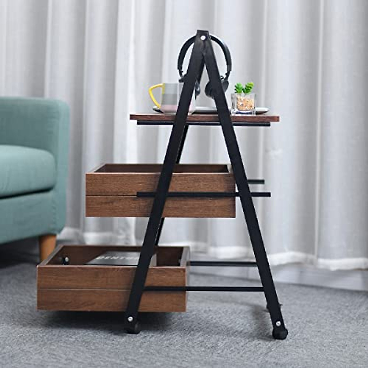 Gdrasuya10 3 Tier Retro End Table Side Table, 2 Adjustable Drawers Nightstand with Storage Shelf Wood Sofa Bedside Table with Rolling Casters for Bedroom