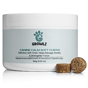 Growlz Dog Calming Chews: Anxiety Relief & Travel Treats - K9 Soothing Soft Chews to Promote Relaxation for Crate, Sleep, & Grooming - USA Made with Human Grade Ingredients 90 Count