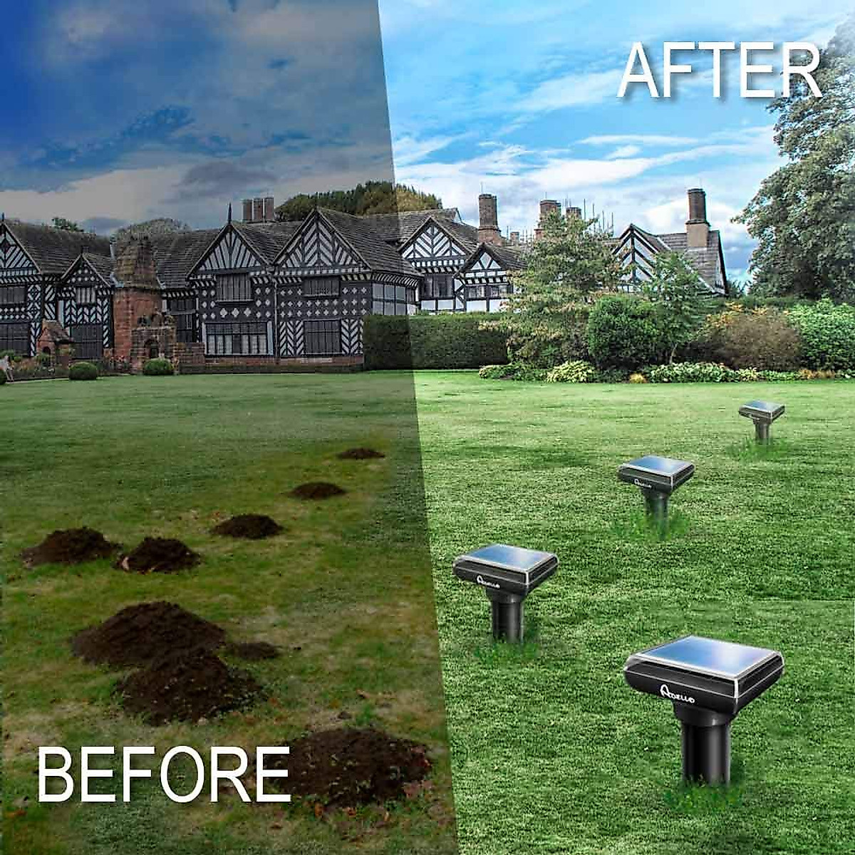 Apello Mole Repellent Pack of 4 Mole Chaser Vole Deterrent Mole Repeller Solar Powered Gopher Repellent Ultrasonic No Mole Killer Gopher Trap Harm to Your Yard