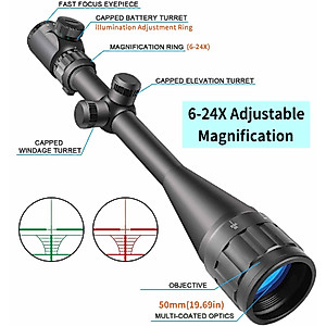 Beileshi 6-24X50 AOEG Optics Hunting Rifle Scope Red & Green Illuminated Crosshair Gun Scope with Flip Up Scope Covers