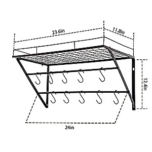 FLRH Kitchen Wall Mounted Pot Rack, 23.6 Inch Metal Kitchen Storage Shelf, 2 Tier Hanging Rails with 10 Hooks Floating Shelves (Black)