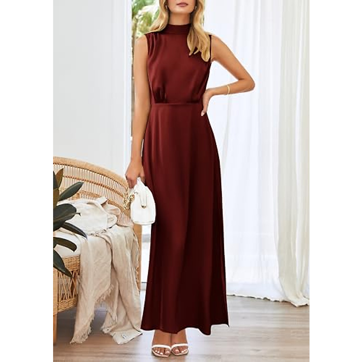 PRETTYGARDEN Women's Long Formal Satin Dress Mock Neck Sleeveless Side Slit Flowy Maxi Tank Dresses (Deep Red,Medium)