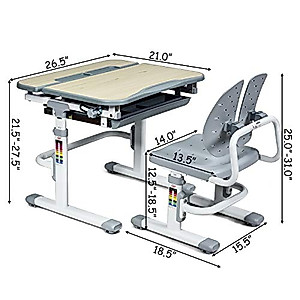 BABY JOY Kids Desk and Chair Set, Height Adjustable, Children Study Table with Tilted Desktop, Pull Out Spacious Storage Drawer, Student Writing Desk for Studying, Reading and Drawing (Gray)
