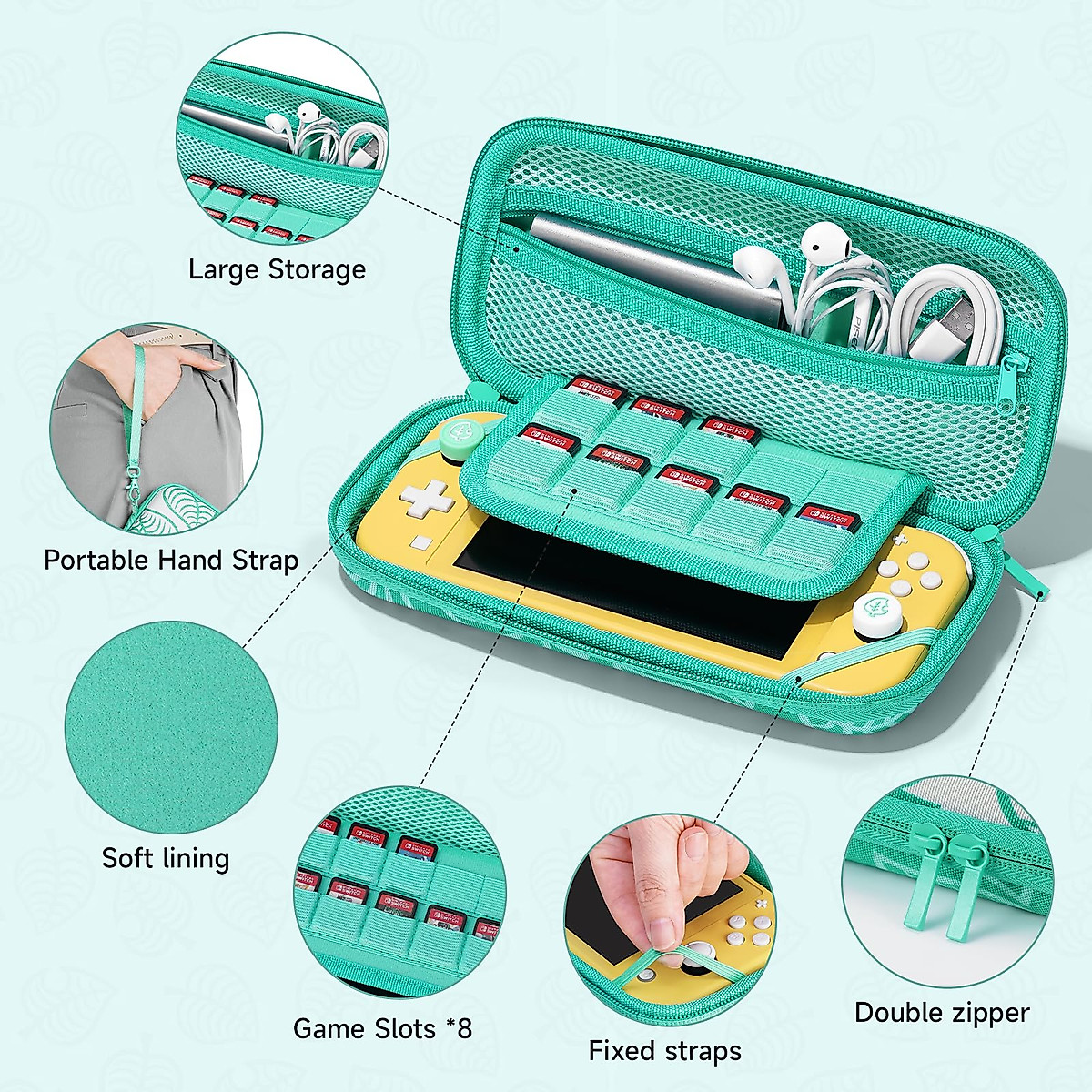 JINGDU Carrying Case Compatible with Nintendo Switch Lite, Hard Portable Protective Case, Storage Bag Accessories Include Screen Protector & Thumb Grips & Wrist Strap, Animal Crossing Leaf