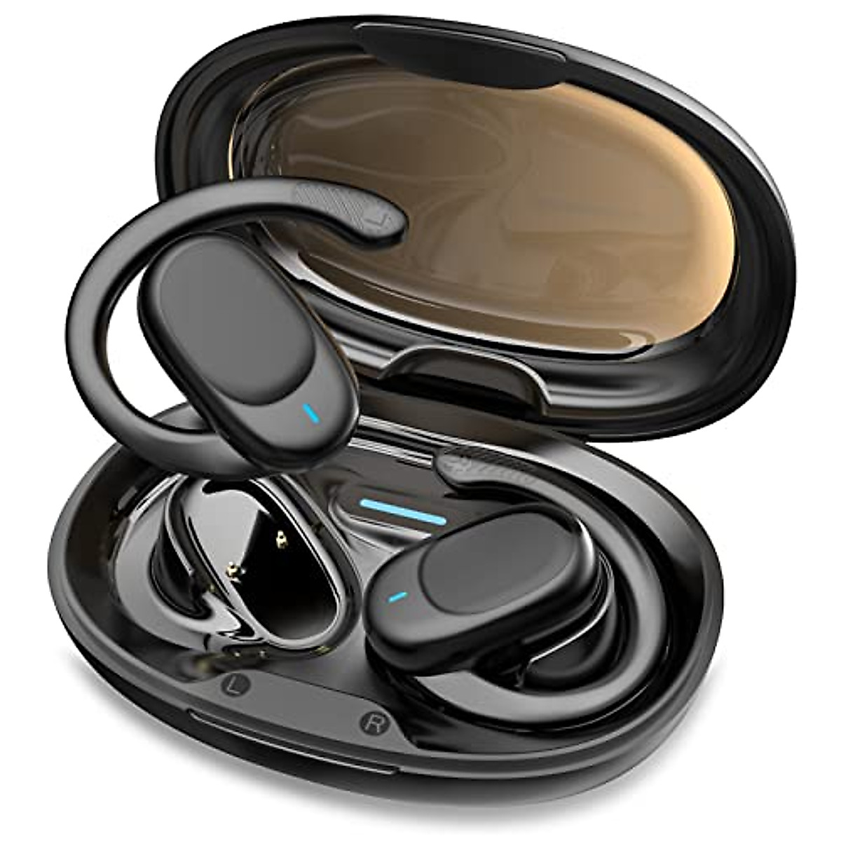 DACOM Wireless Earphones, TWS Open Ear Headphones Wireless Bluetooth 5.3 with Flexible Earhooks, Touch Control Over Ear Earbuds IPX5 Waterproof Headsets with Mic for Running Workout Sport (Black)