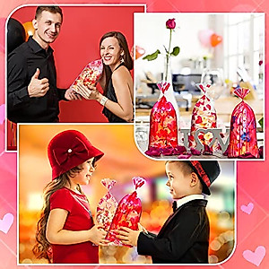 200 Pieces Valentine Cellophane Treat Bags Valentine's Day Plastic Heart Bags Candy Goodies Gift Bags and 200 Pieces Gold Twist Ties for Valentine Party Supplies