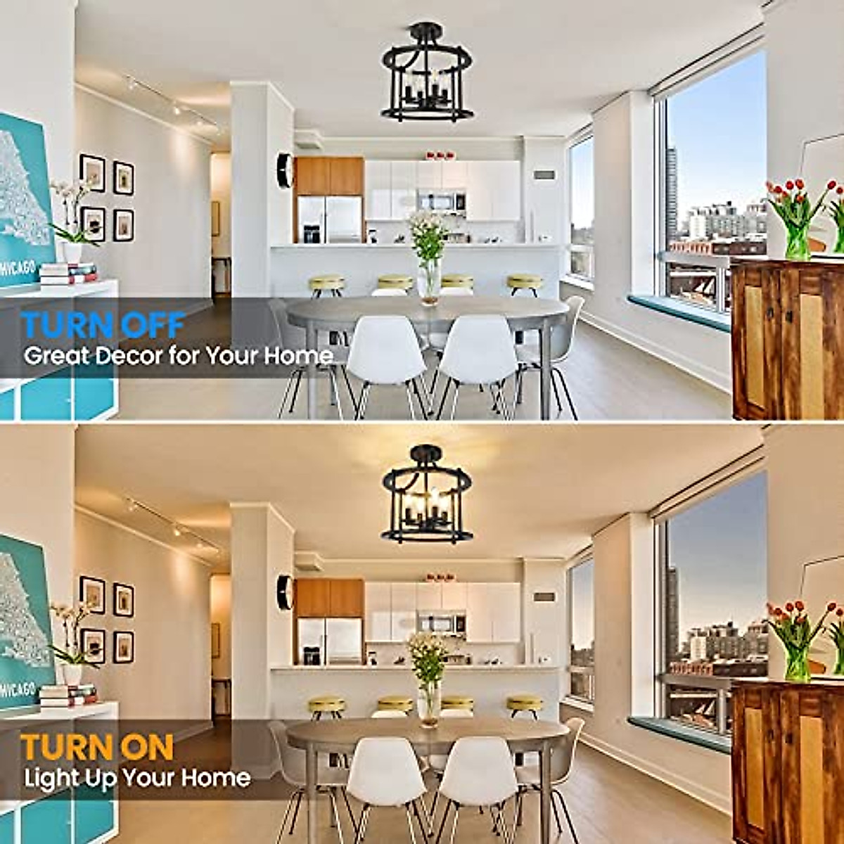 Farmhouse Semi Flush Mount Ceiling Light Fixture, 4-Light Industrial Ceiling Light Matte Black w/ E12 Base Metal Rustic Vintage Chandelier Lighting for Kitchen Dining Room Hallway Entryway Bedroom