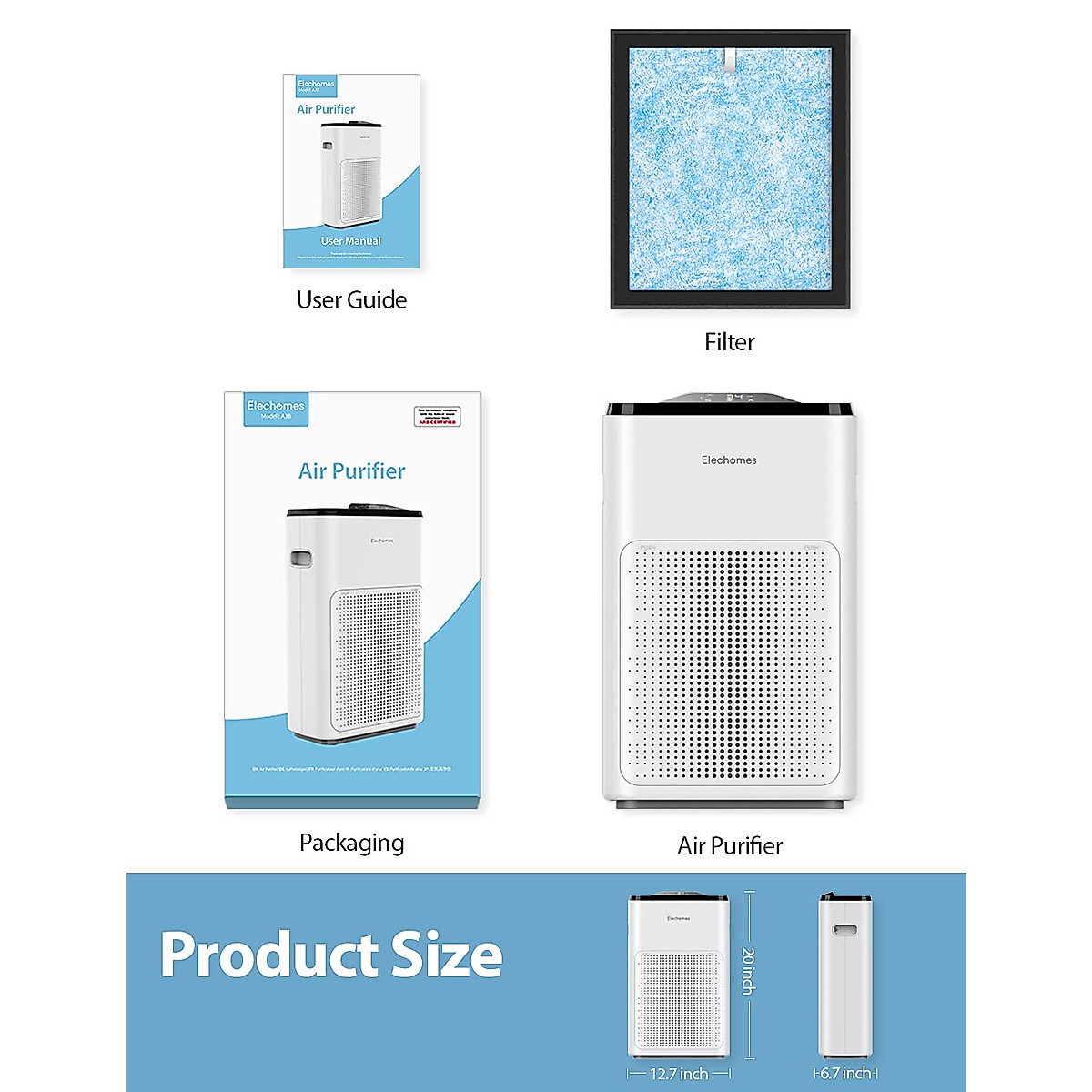 Air Purifier for Home, Elechomes KJ200-A3B True HEPA H13 Air Filter for Bedroom, Playroom, Office Up to 323ft², Ultra Quiet Air Cleaner with Sleep Mode, Captures 99.97% Pet Dander, Smoke, Pollen