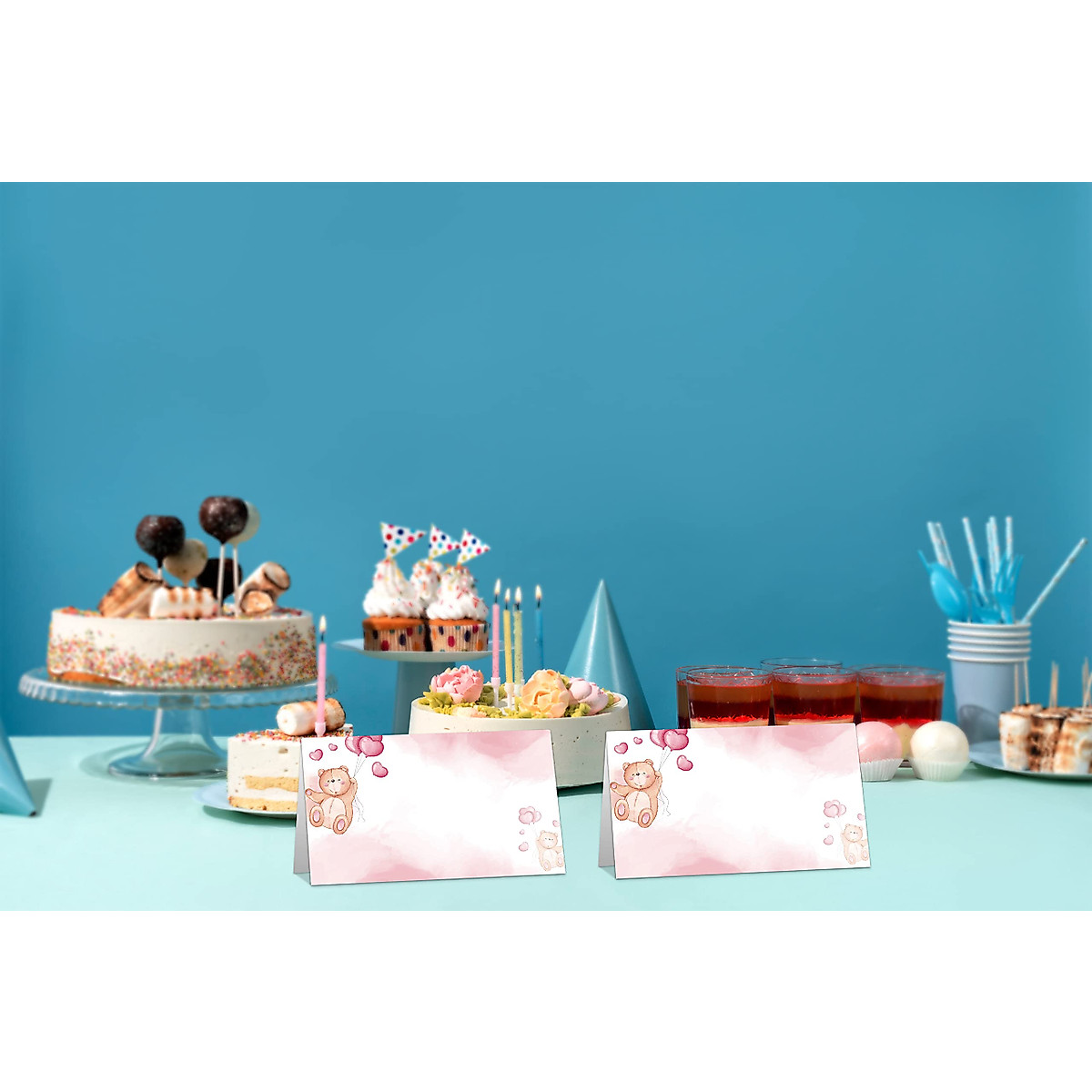 Table Place Card for Baby Shower, 25 Pcs Tent Cards Set with Blush Pink Bear Ballon Design, Editable Name Cards for Table Seating, Party Food Lables, We Can Bearly Wait Baby Shower Decorations(01)