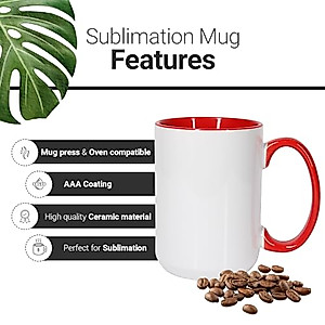 SDN CUSTOM 15 oz AAA Coated White Sublimation Ceramic Mug with Inner Color and Red Handle - Blank Ceramic Coffee Cups Set for Printing and DIY Gifts – Oven and Mug Press Compatible (6 Pack)