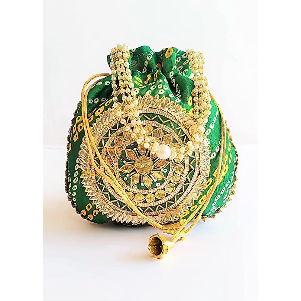 Potli Bag For Woman Ethnic Bandhej Polti Bag, Elegant Evening Wedding Party Purse For Women's BY PANACHE MERCHANT (Green)
