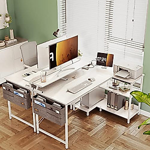 ODK L Shaped 48 Inch Computer Desk with USB Charging Port & Power Outlet, L-Shaped Corner Desk with Storage Shelves & Monitor Shelf for Home Office Workstation, Modern Writing Table, White
