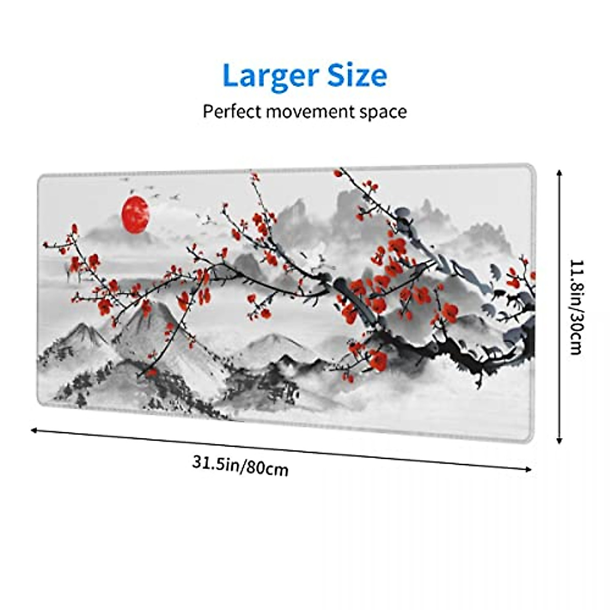 Japanese Sakura Cherry Blossom Mouse Pad XXL Full Desk Mousepad Extended Large Non-Slip Rubber Base Big Keyboard Mat with Stitched Edges for Gaming and Office（31.5 X 11.8 Inch 3mm）