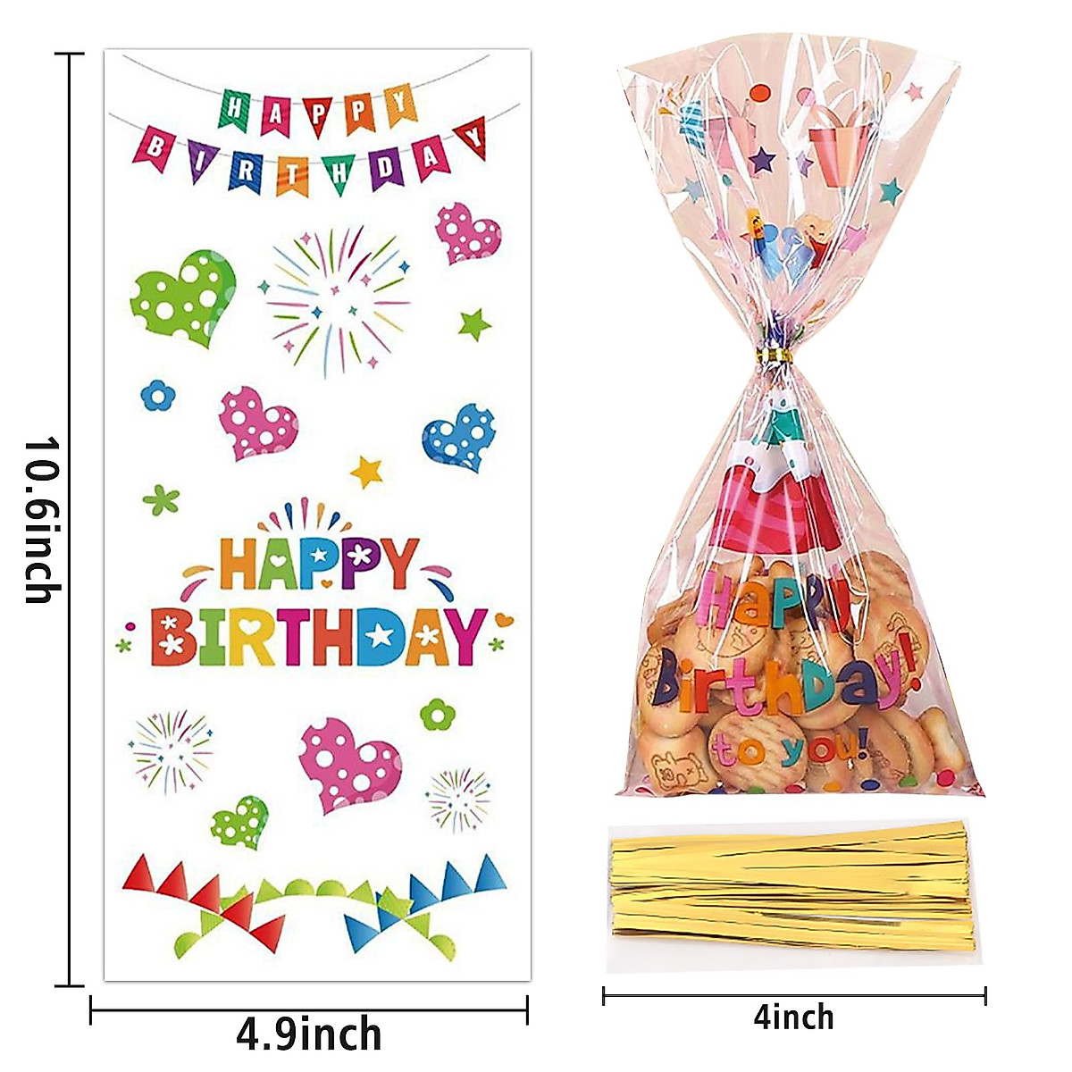 Totelux Happy Birthday Cellophane Gift Bags Clear Candy Bags Plastic Treat Goodies Bags with Ties for Cookies Gift Packaging Birthday Party Supplies 50PCS