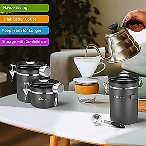 RollKit Coffee Canister Airtight Storage Containers for Beans Grounds, Stainless Steel Flavor-Saving Holder for Tea Jar w/Date Tracker, CO2 Release Valve, Airtight Lid, Scoop - Medium 16oz, Gray