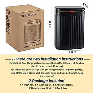CEROELDA Kitchen Hanging Trash Can with Lid, Countertop Compost Container Bin-Stainless Steel Recycle Trash Can-Small Wall-Mounted Garbage Can for Bathroom, Kitchen Cabinet, Under Sink-2 Gal-Black