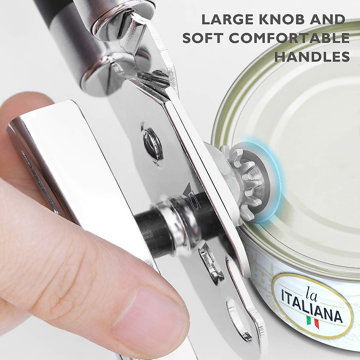 LDIRECTOR Can Opener, Manual Can Opener Smooth Edge, 3-in-1 Stainless Steel Can Opener Manual, Ergonomic Safety Can Opener for Seniors with Arthritis,Black, Silver