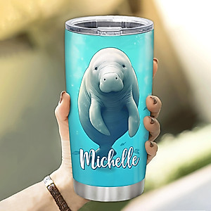 Hyturtle Personalized Gifts Manatee Lover - Save The Chubby Mermaids Customized Name Stainless Steel Tumbler 20 oz With Lid - Idea Cute Sea Animal Lover Gifts For Women, Girl On Birthday, Christmas