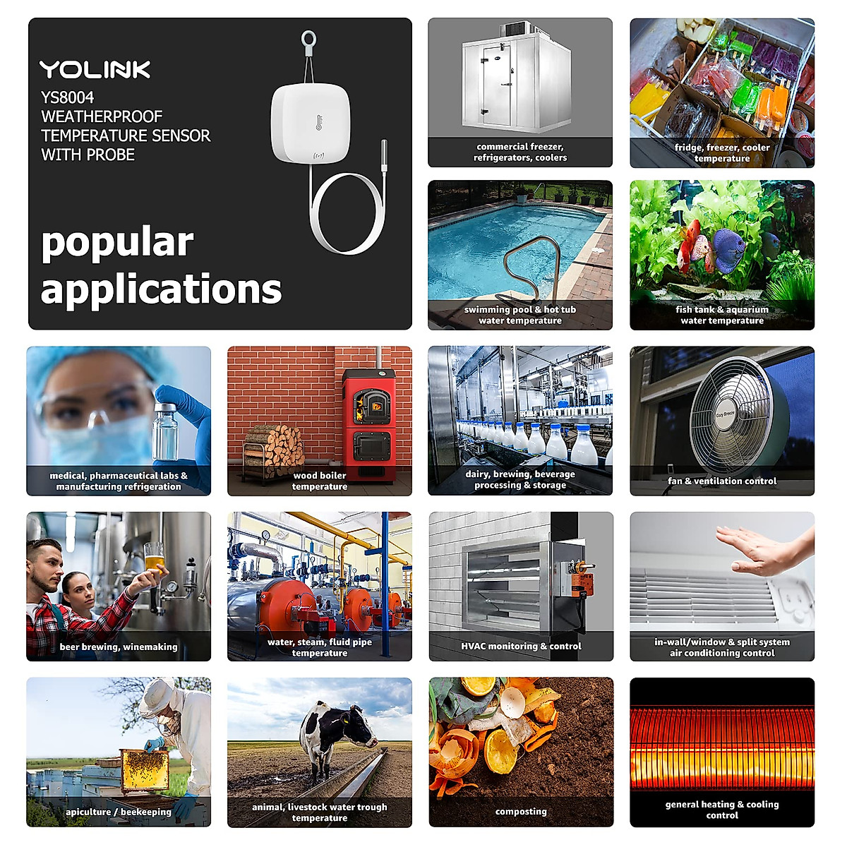 YoLink Weatherproof Fluid, Air, Surface Extreme High/Low Temperature Sensor with Probe, 1/4 Mile Long Range, YoLink Hub Required