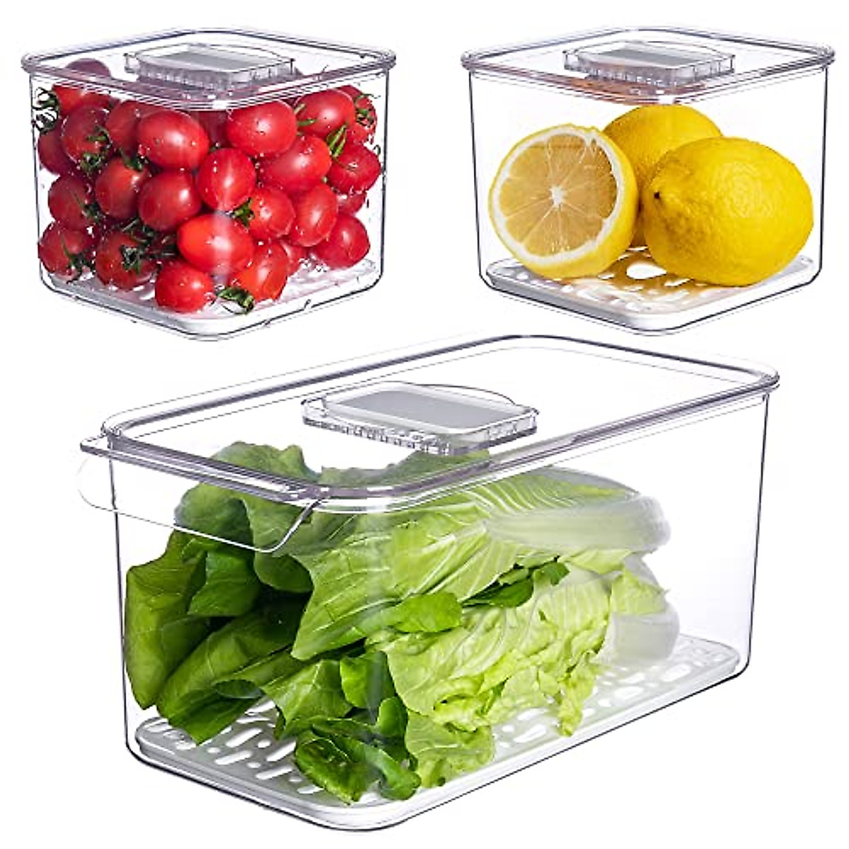 vacane Fresh Produce Saver for Refrigerator, 3 Pcs Food Fruit Lettuce Keeper Containers, Salad Vegetable Storage Organizers Stackable, BPA-free Stay Fridge Storage Containers