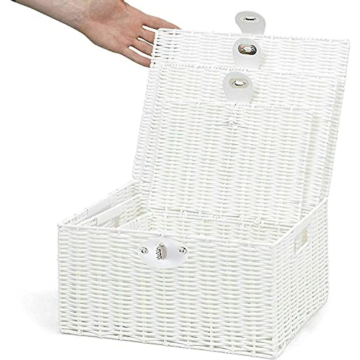 Homepeaz Set of 3 Woven Wicker Storage Basket Box with Lid & Lock, Built-in Carry Handles, Multifunctional Storage Organiser for Nursery, Baby, Clothes, Toys, Books, Large/Medium/Small Size (White)
