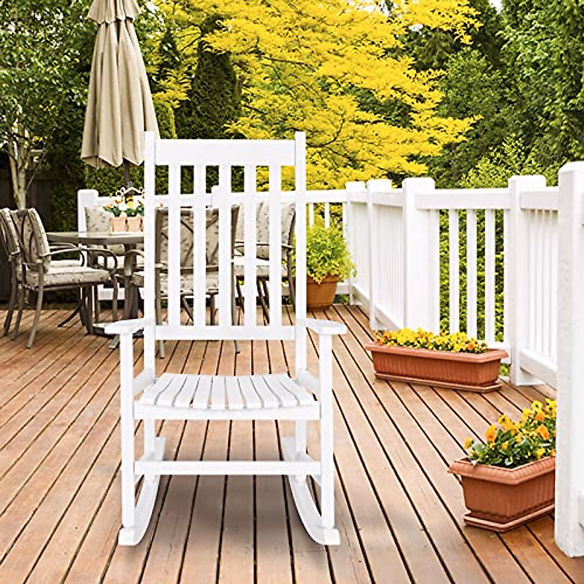 VINGLI Wood Rocking Chairs Relaxing Rocker Real Wood High Back Seat for Deck, Garden, Backyard, Porch, Indoor or Outdoor Use, White