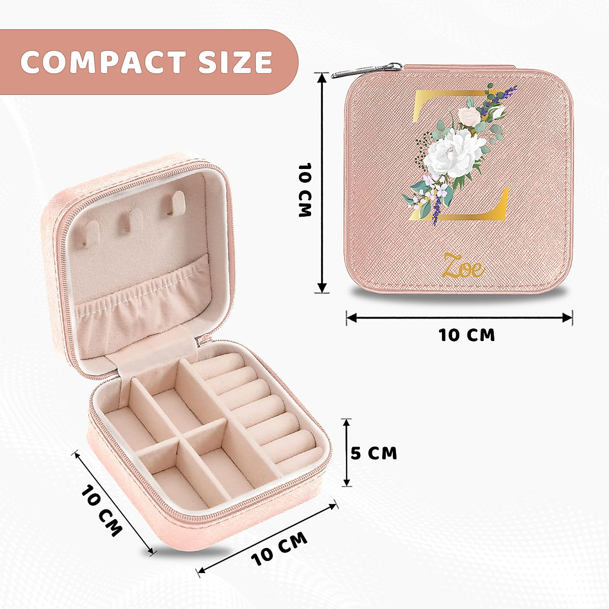 SpecialOnly Personalized Name Jewelry Boxes for Girls & Women, Custom Travel Jewelry Case with Lid, Portable Small Jewelry Organizer Box Bridesmaid Proposal Gifts (Blue, Monogram with Birth Flower)