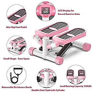 Kweetle Steppers for Exercise, Mini Stair Stepper with Resistance Bands & Mat, Stepper Machine 330lbs Bearing Capacity with LCD Display for Home Office Workout Training, Pink