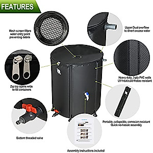 53 Gallon Portable Rain Barrel Water Tank - Collapsible Rainwater Collection System Storage Container - Water Collector Barrels Include Two Spigots and Overflow Kit - Comes with 25 Garden Labels